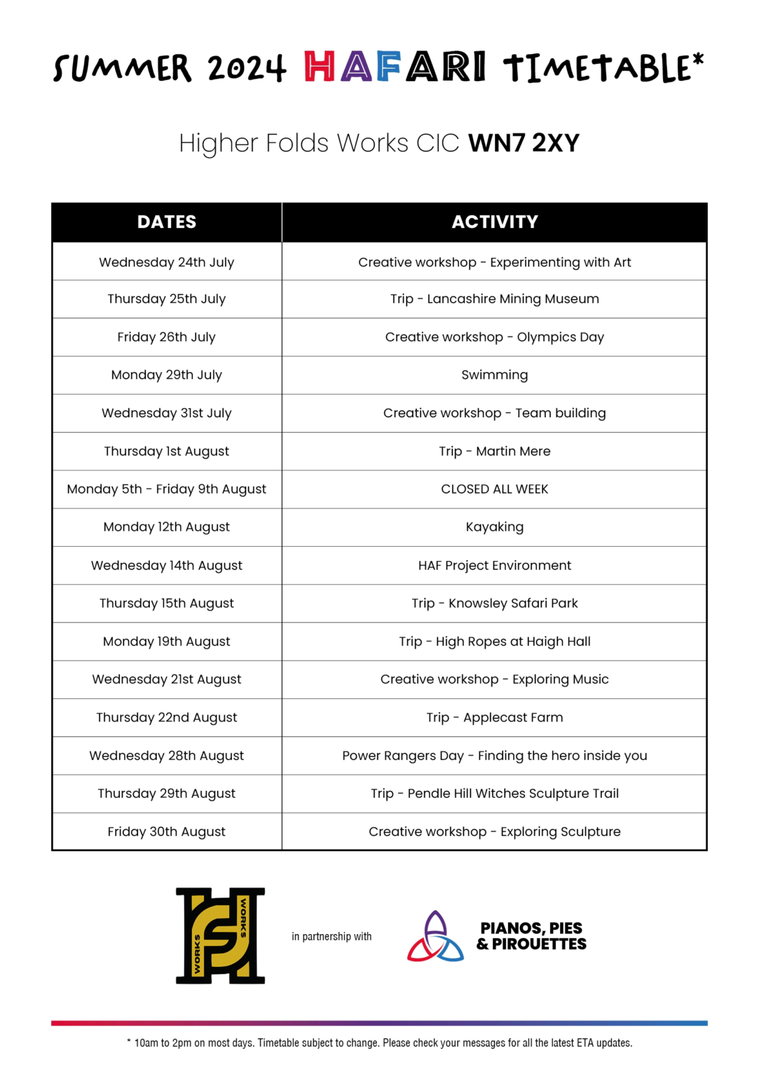 HAF Timetables - Pianos, Pies and Pirouettes
